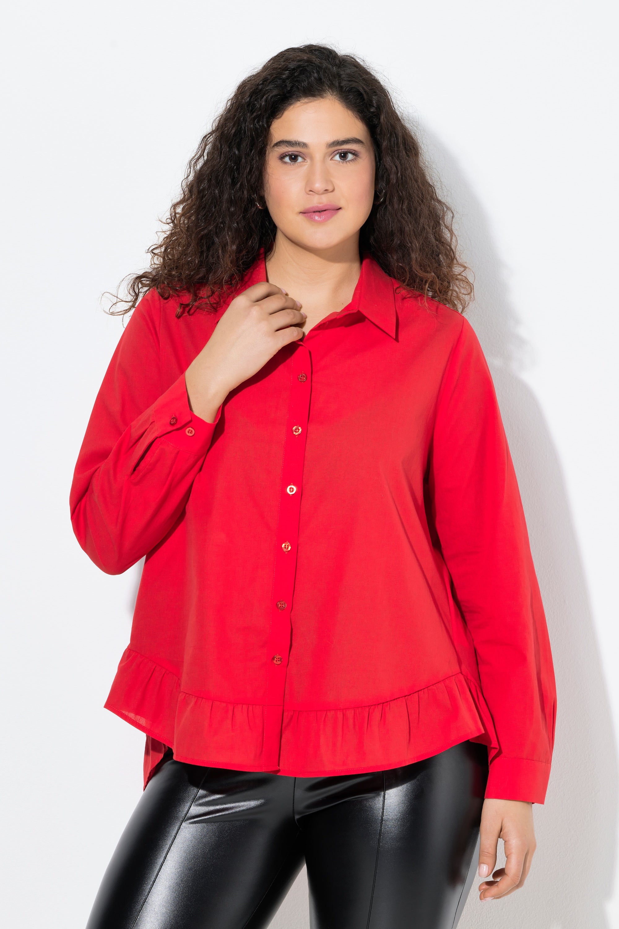 Ulla Popken Flounce Hem Shirt in Red | Plus Size Tops | WardrobePlus