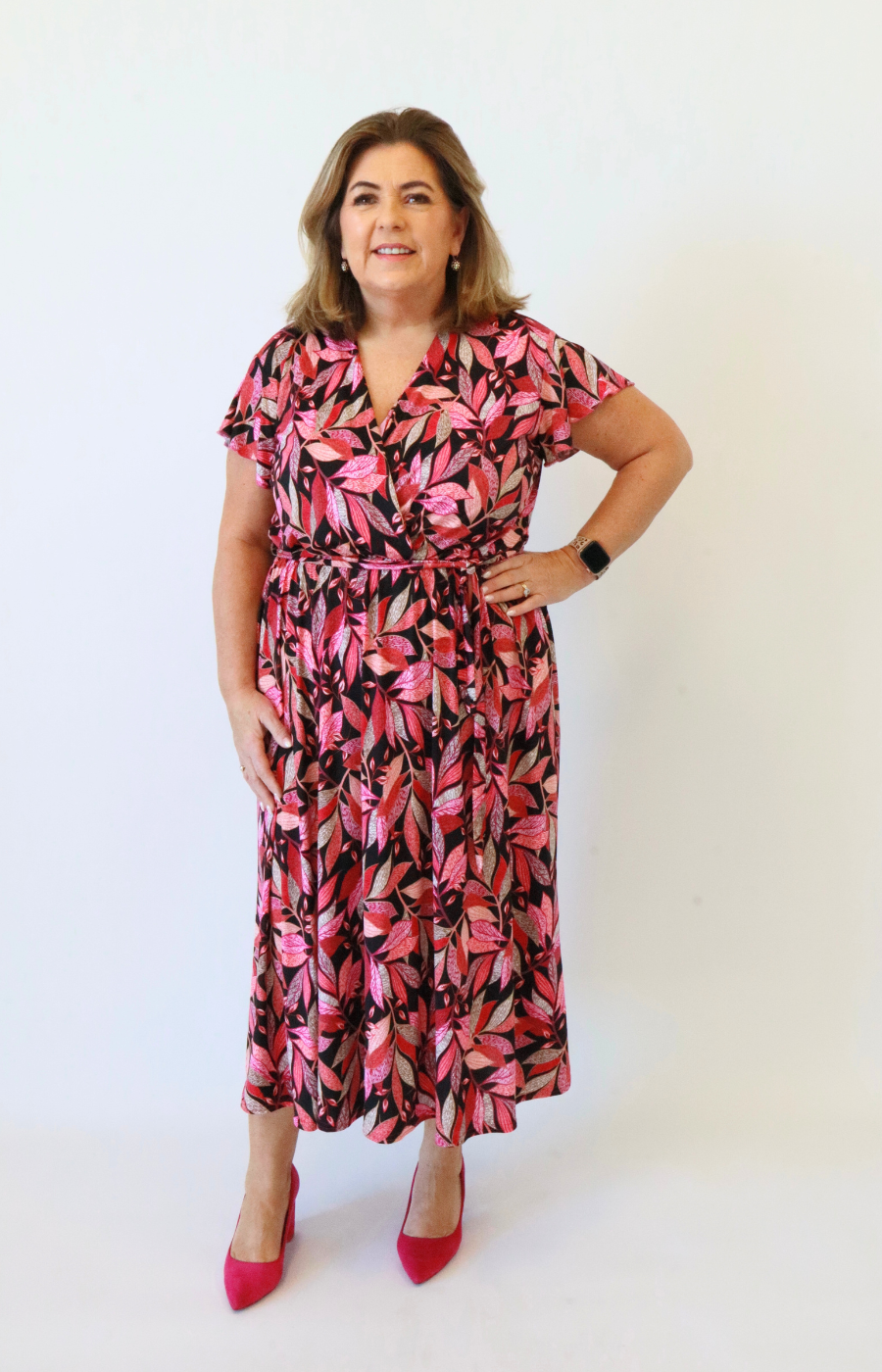 Dani Dress in Pink Leaves | Plus Size Dresses | Wardrobeplus.ie
