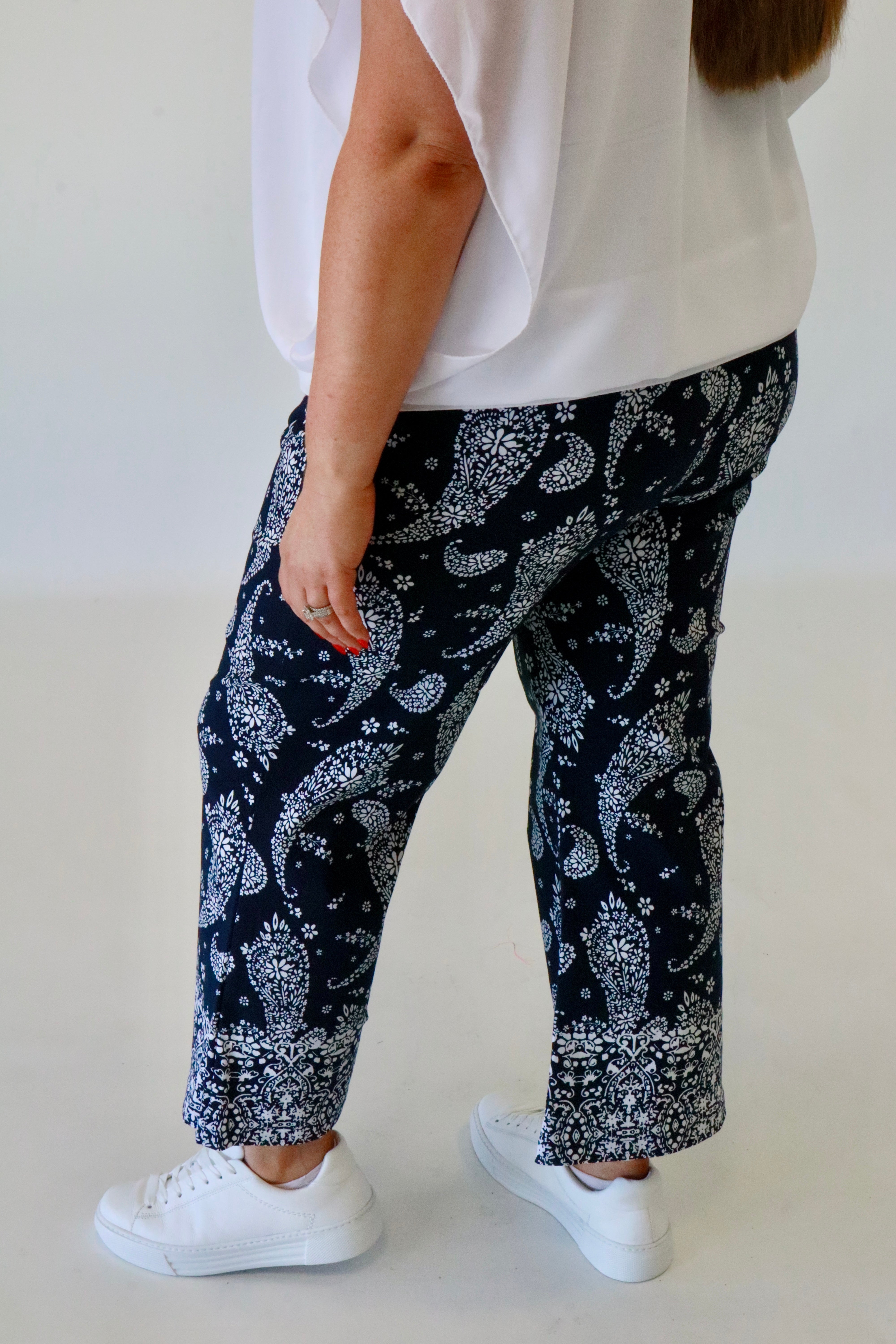 Pinns Culotte Navy Paisley | Plus Size Trousers | Wardrobeplus.ie