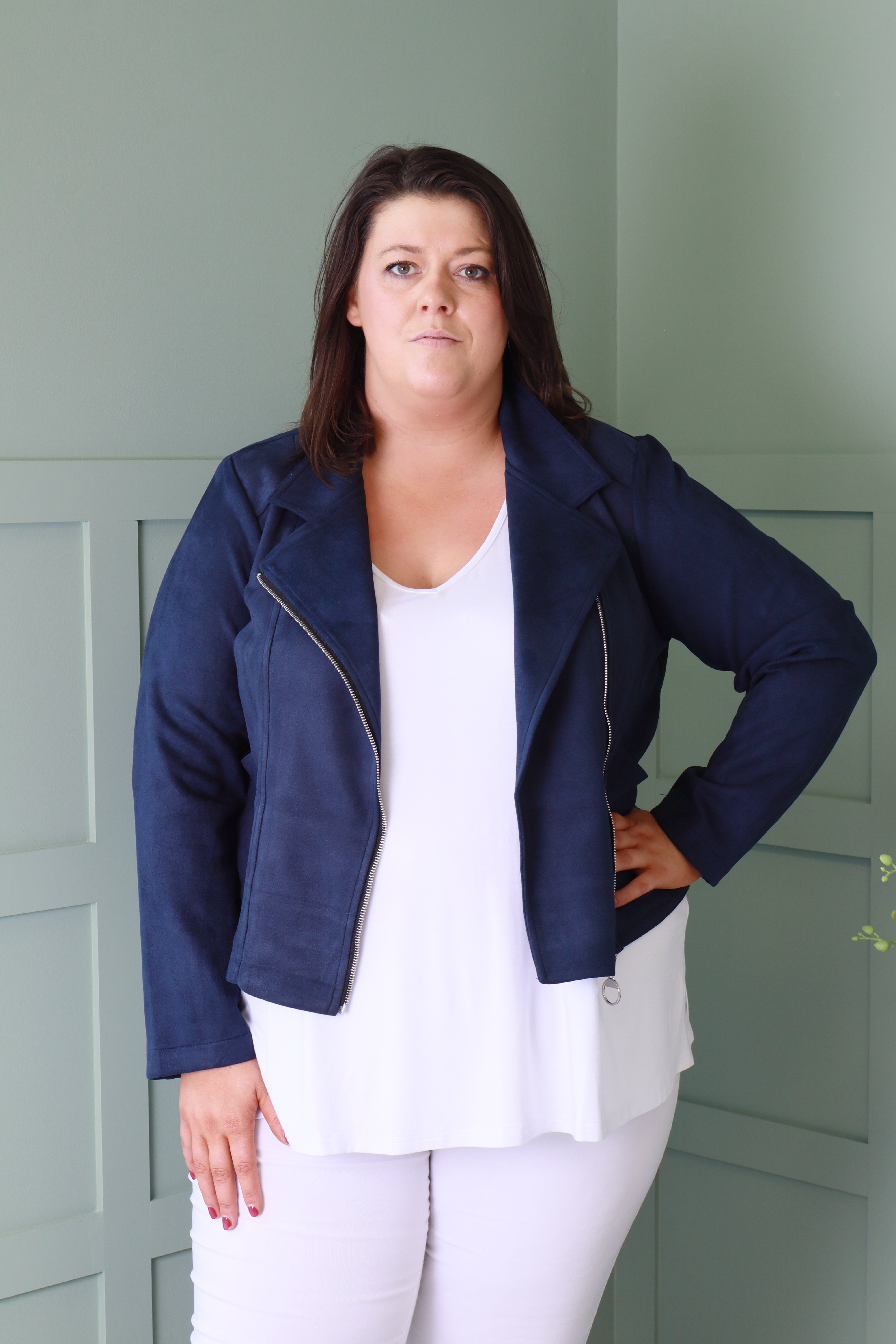 Amber Suede Biker Jacket in Navy | Plus Size Clothing | Wardrobeplus