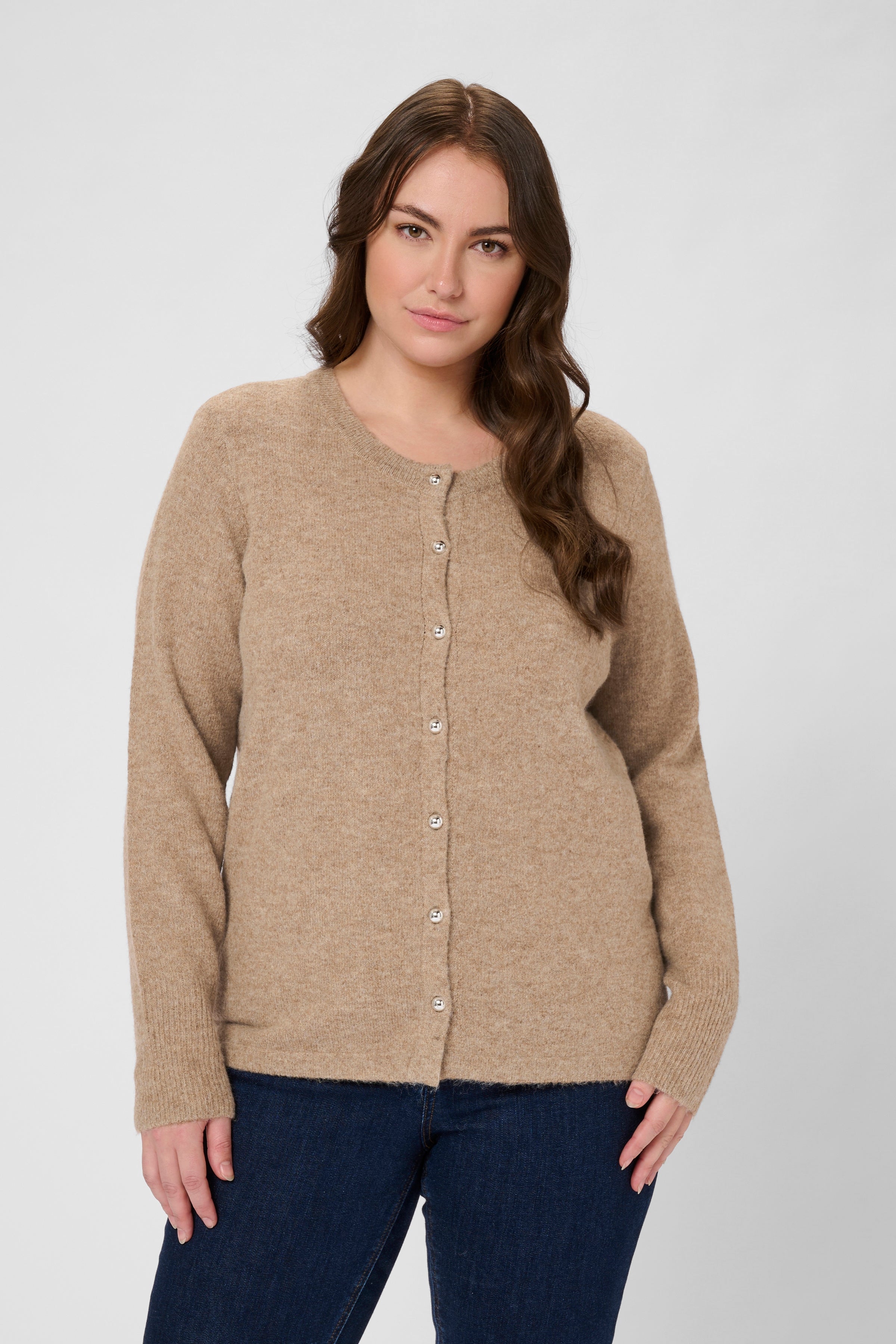 Kaffe Curve Niela Cardigan Tan | Plus Size Tops | Wardrobeplus.ie